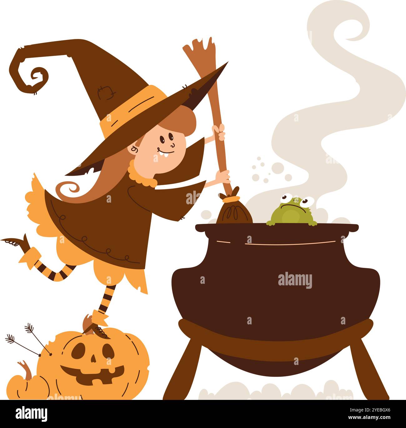 Playful cartoon illustration of a young witch stirring a bubbling ...