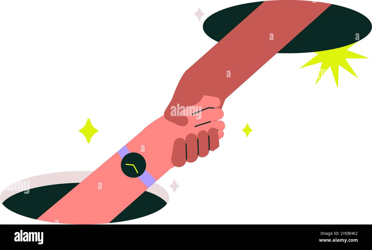 Two Hands Reaching Out And Shaking Through Portals In Flat Vector ... Two Hands Reaching Out And Shaking Through Portals In Flat Vector ...