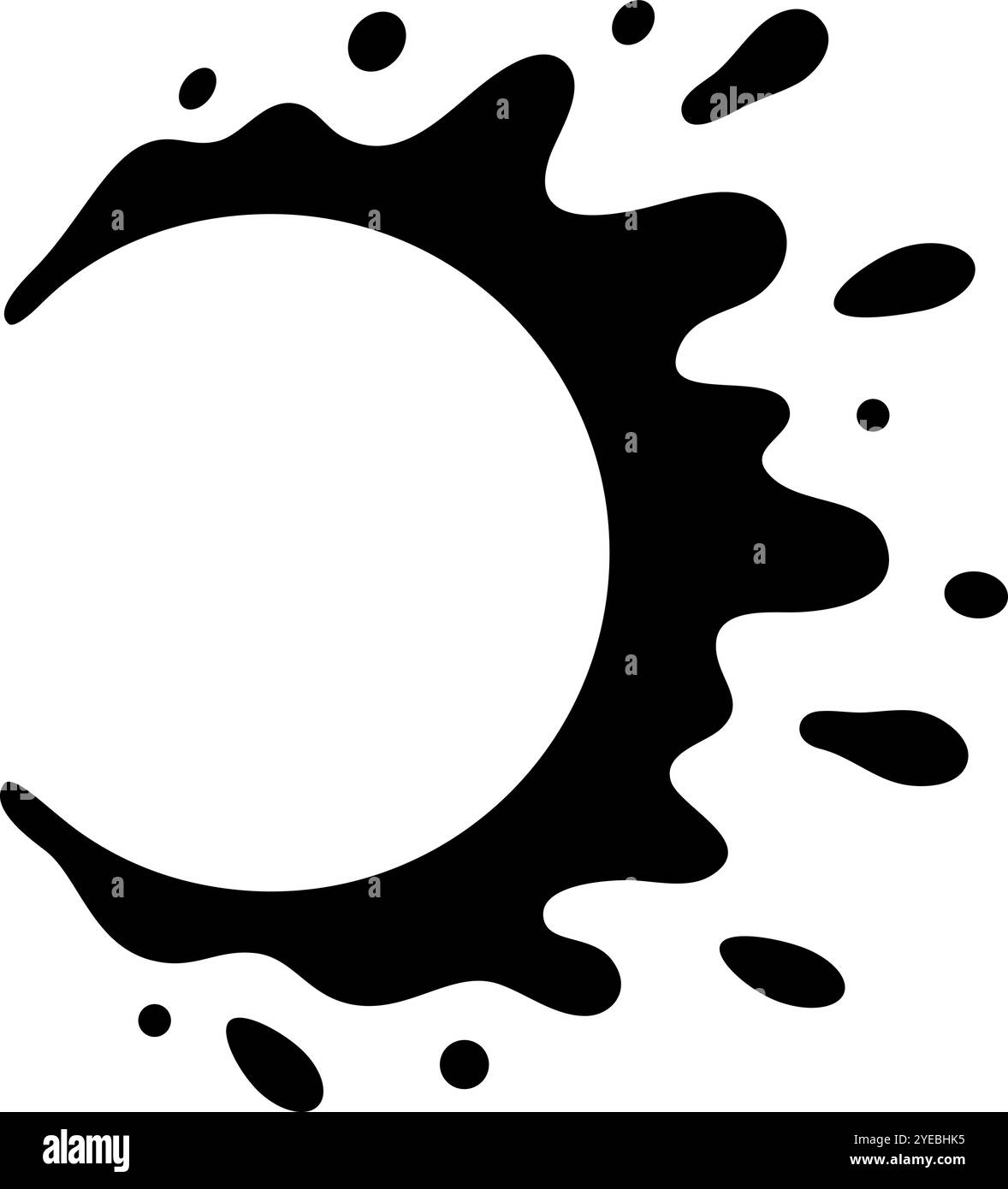 Black ink splattering on white background, forming dynamic circular ...