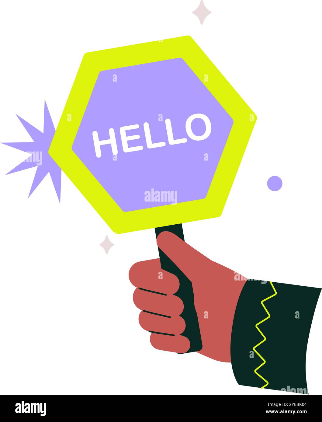Hand Holding Hexagonal Sign With Text Hello In Flat Vector Illustration ...
