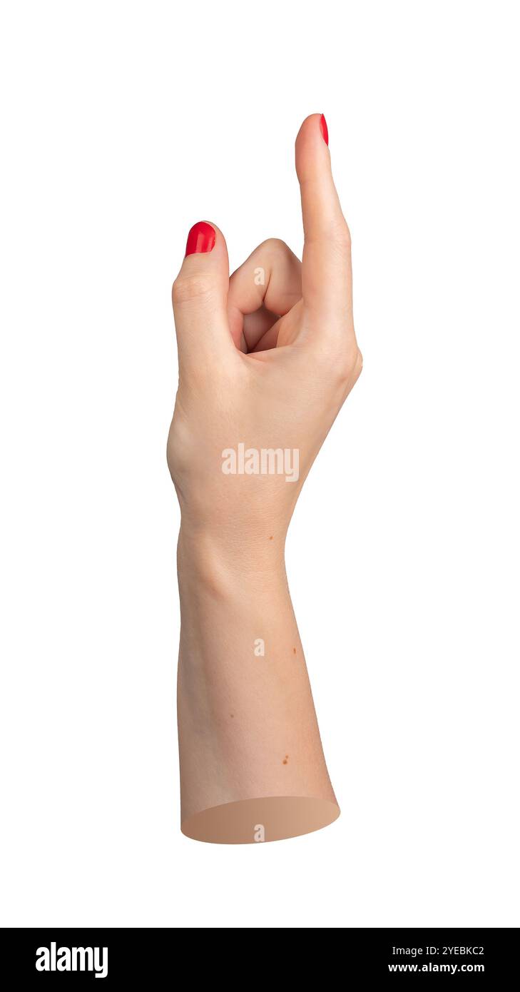 Isolated female hand with index finger extended in a clicking gesture ...