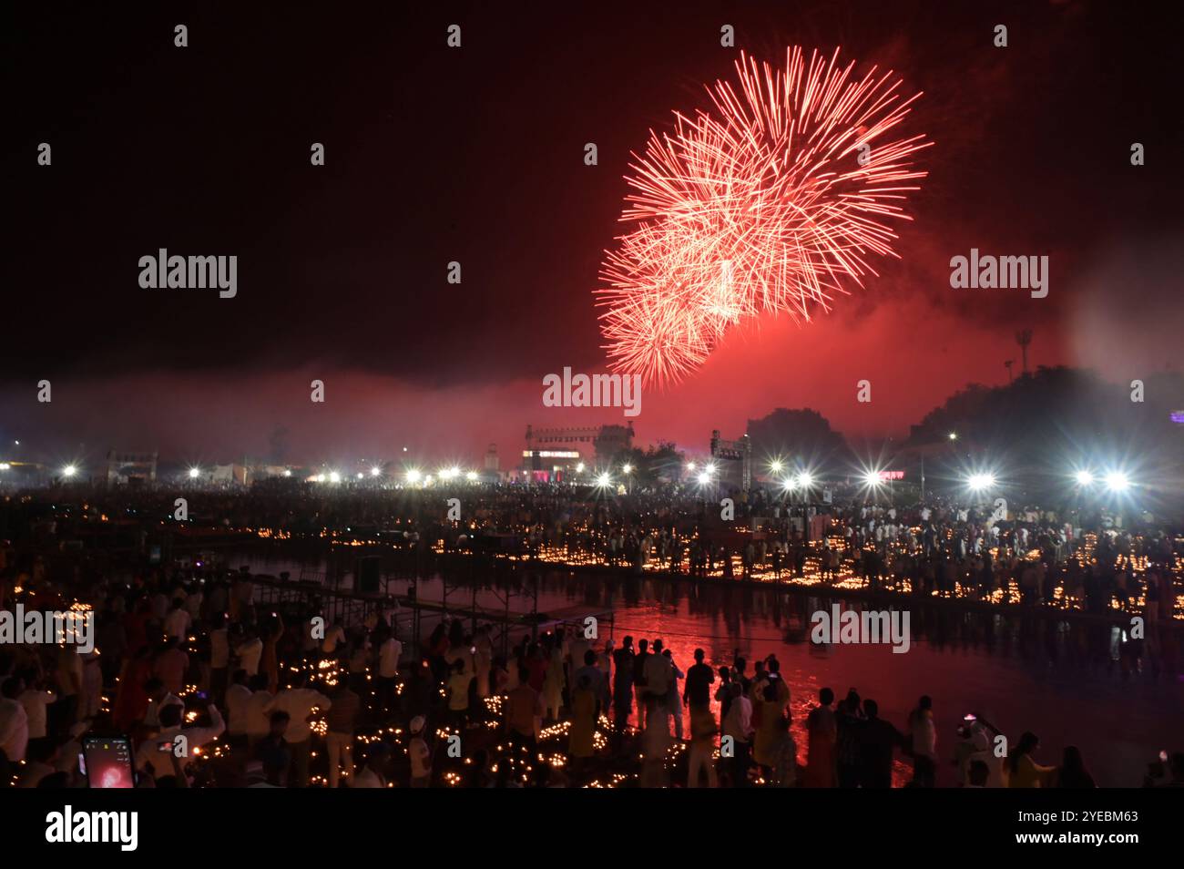 AYODHYA, INDIA - OCTOBER 30: Fireworks demonstration at Ram ki Peri ...