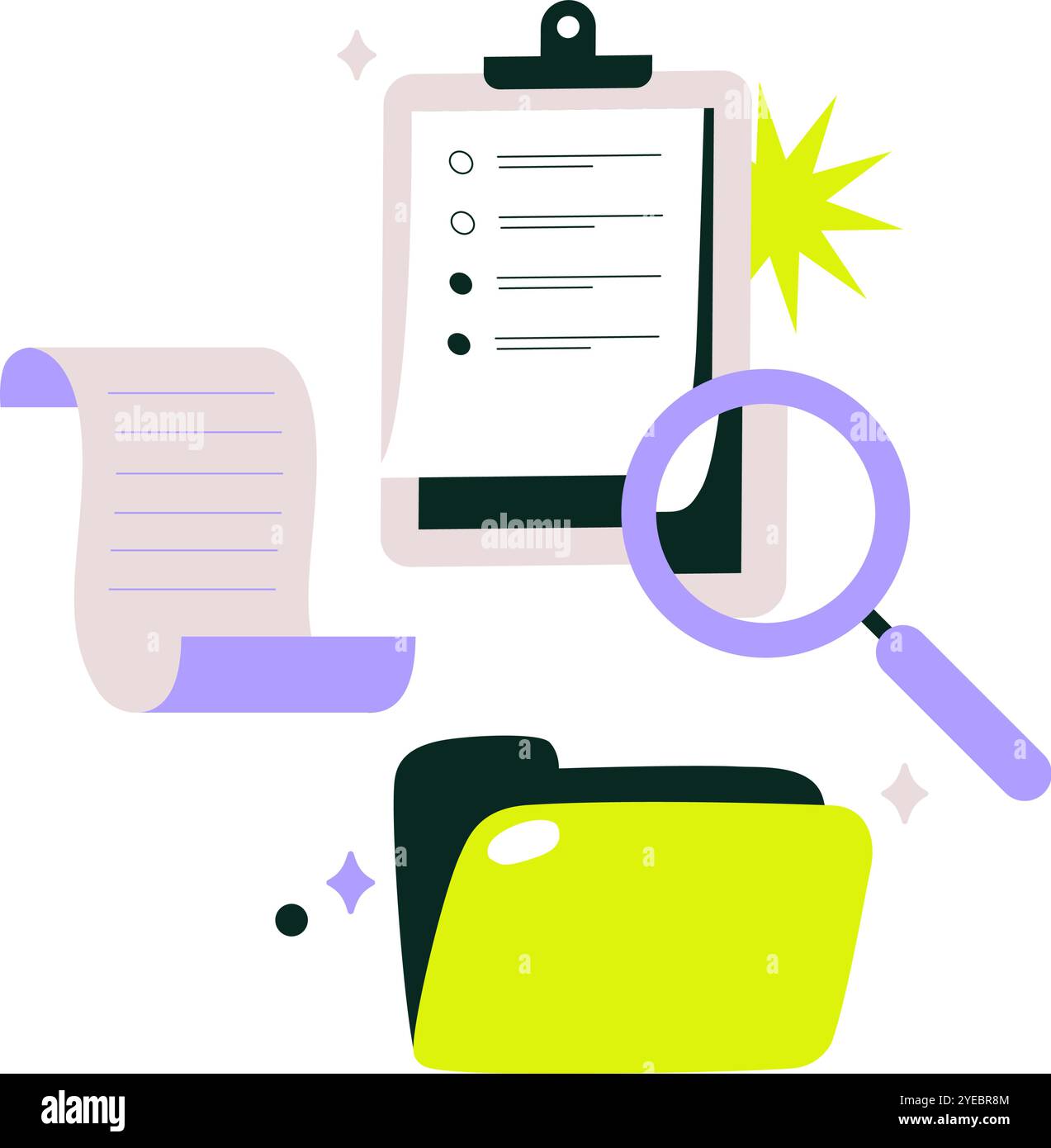 Clipboard With Checklist, Magnifying Glass, And Folder In Flat Vector ...
