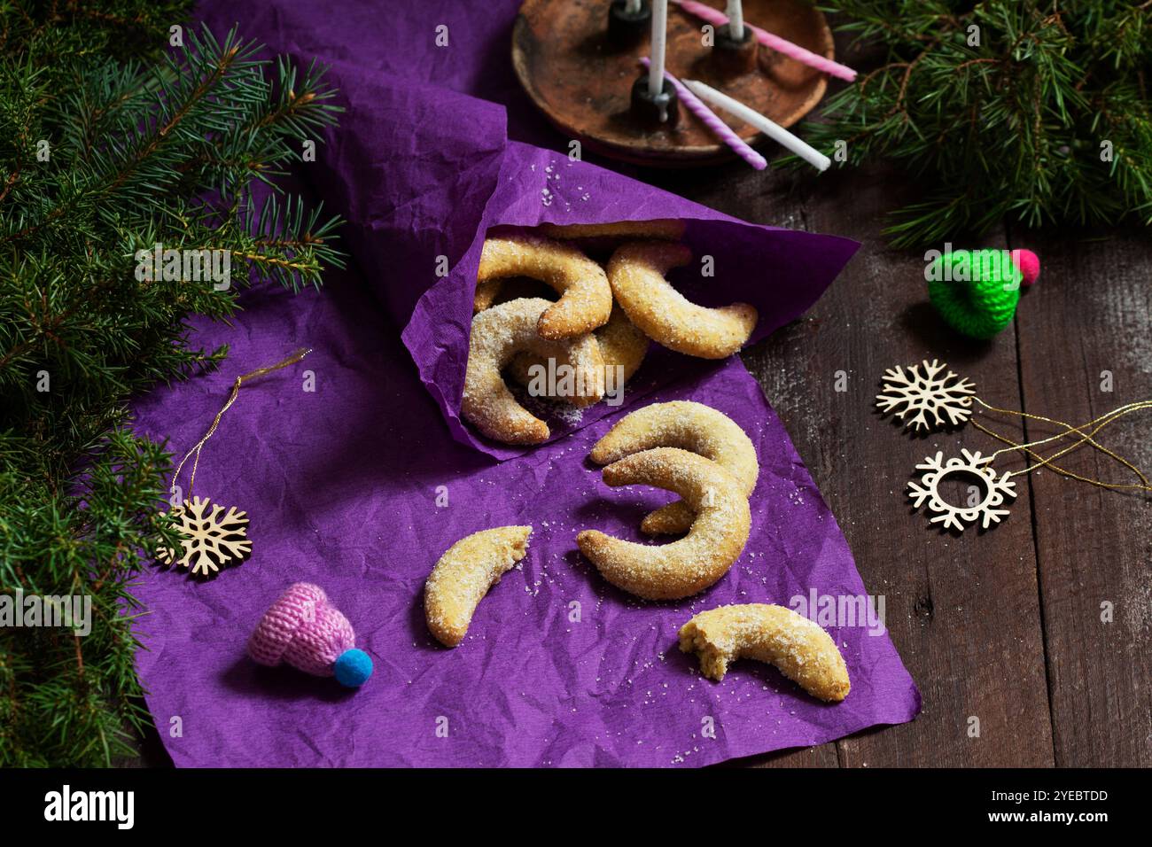 Traditional advent cookies vanilla crescents on a purple background ...