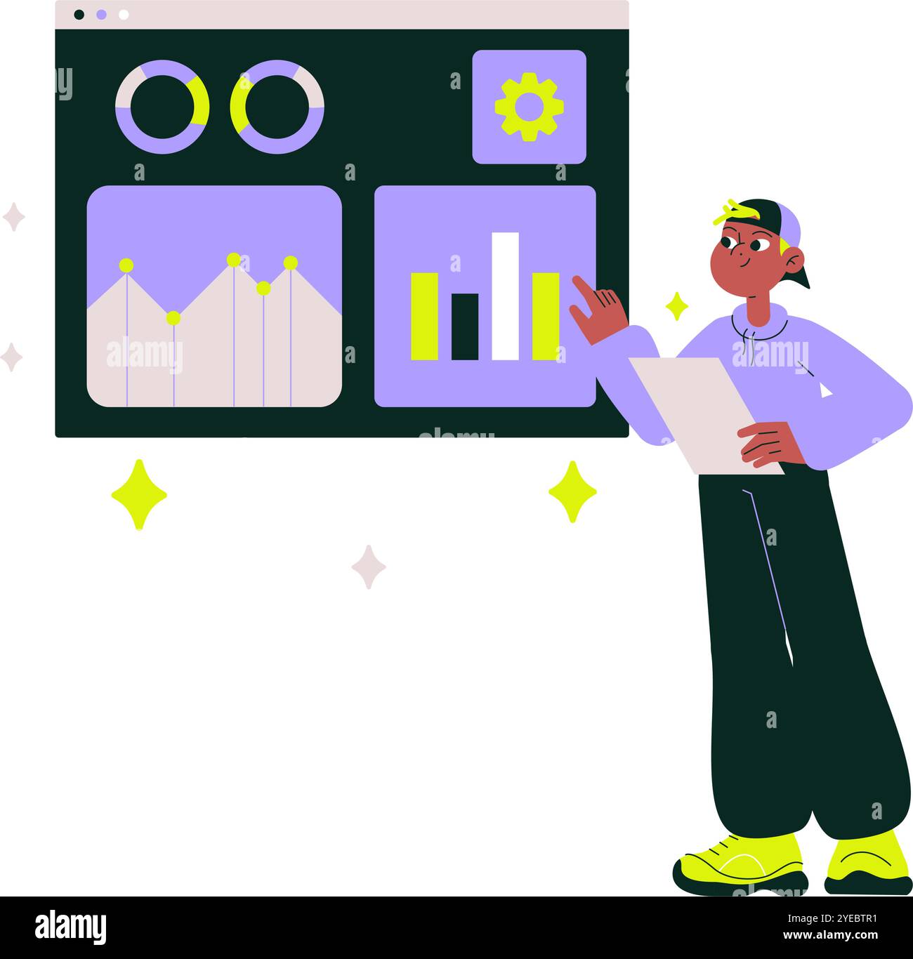 Male Data Analyst With Dashboard Display In Flat Vector Illustration Symbolizing Data Analysis ...