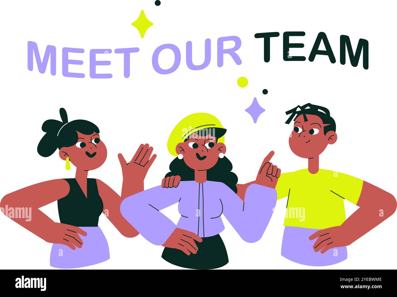 Meet Our Team With Three Team Members Interacting In Flat Vector ...