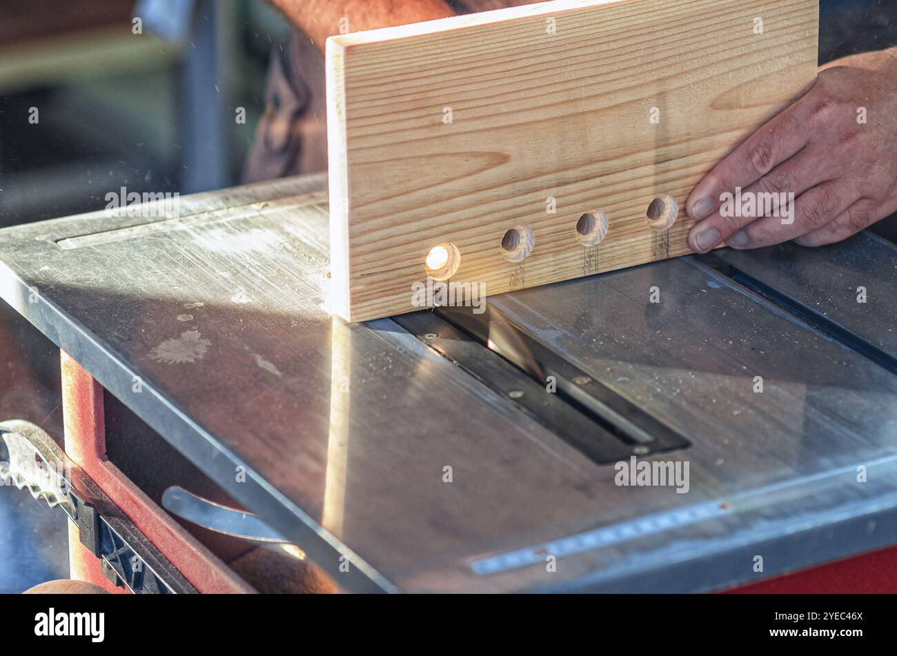 Carpenter's hand holding wooden board with round holes in carpentry ...