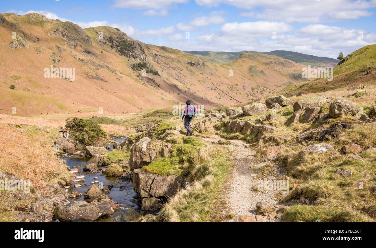 Asian Indian woman hiker walking along a footpath in a valley beside a ...