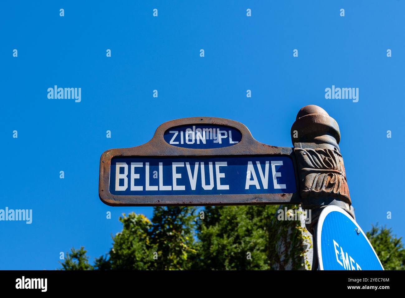street sign in Newport, Rhode Island for Bellevue Avenue at Zion Place ...