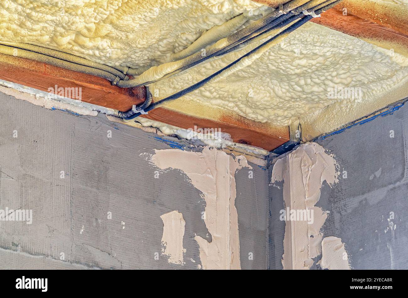 View of ceiling of building with insulation pipes running through it ...