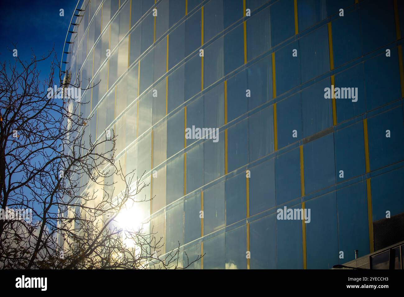 Abstract perspective underside angle view of mirror glass high office ...