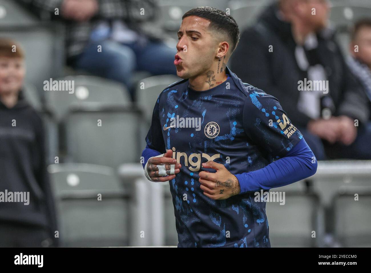 Enzo Fernández of Chelsea in the pregame warmup session during the Carabao Cup Last 16 match ...