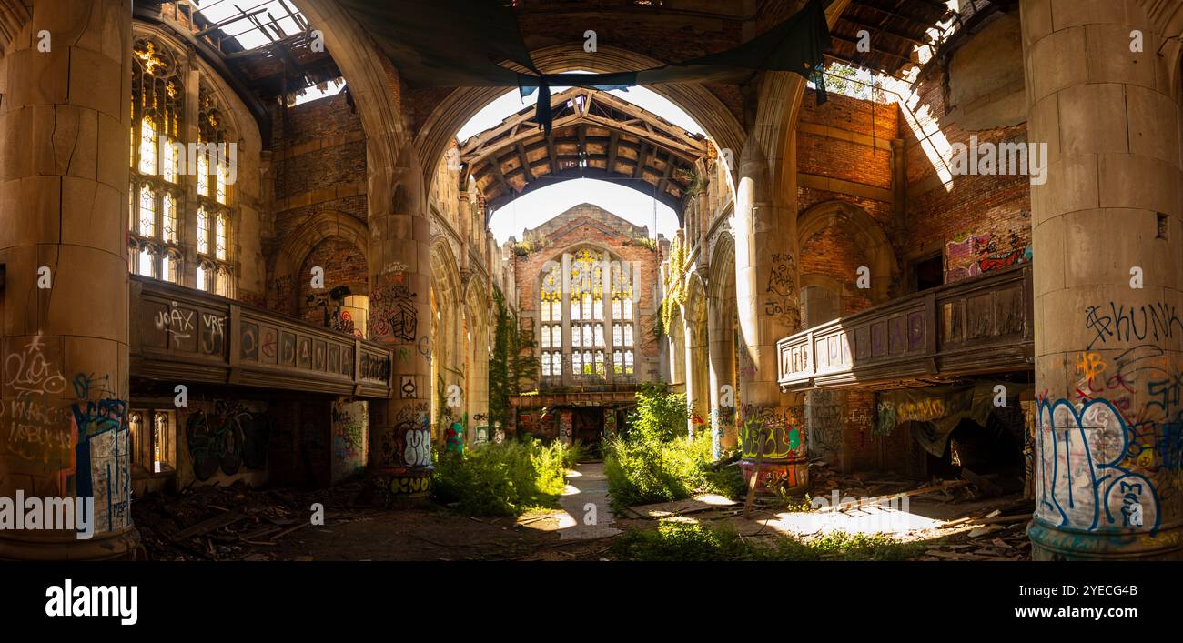 Photographs of abandoned and eerie buildings with graffiti featuring a ...