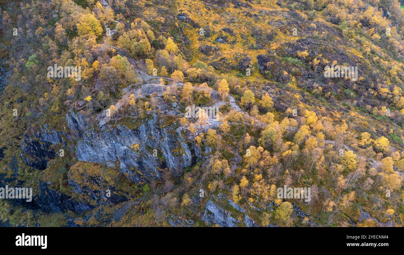 Aerial view of a rocky hillside covered with autumn foliage, featuring ...