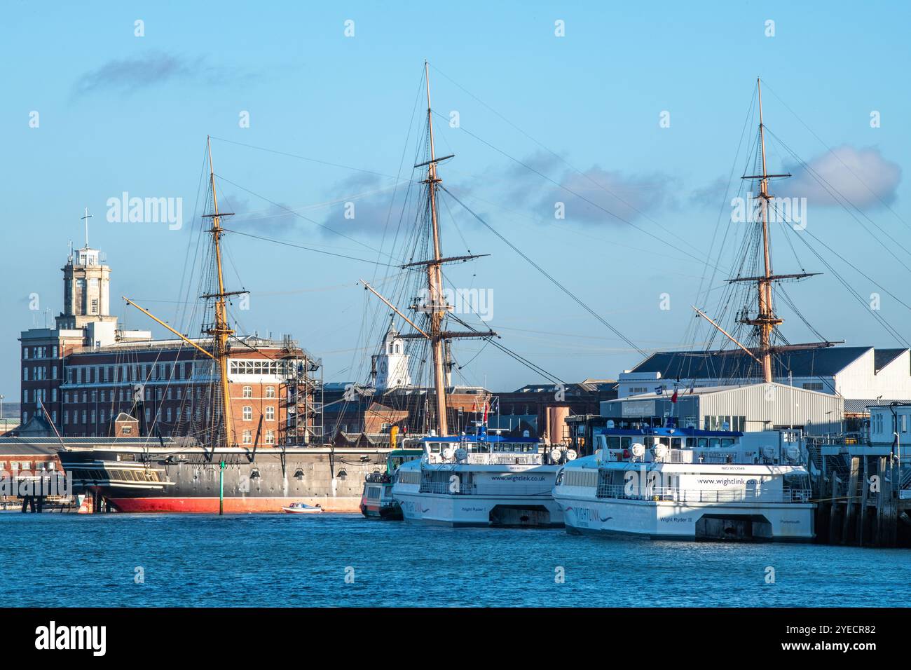 The waterfront at Portsmouth harbour with HMS Warrior and wightlink ...