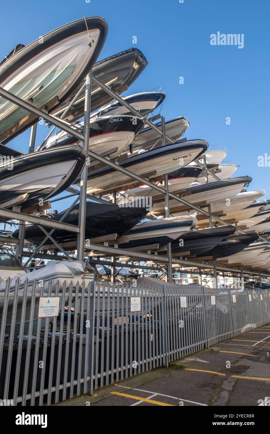 dry stack winter boat storage on the hard standing in the boatyard on ...