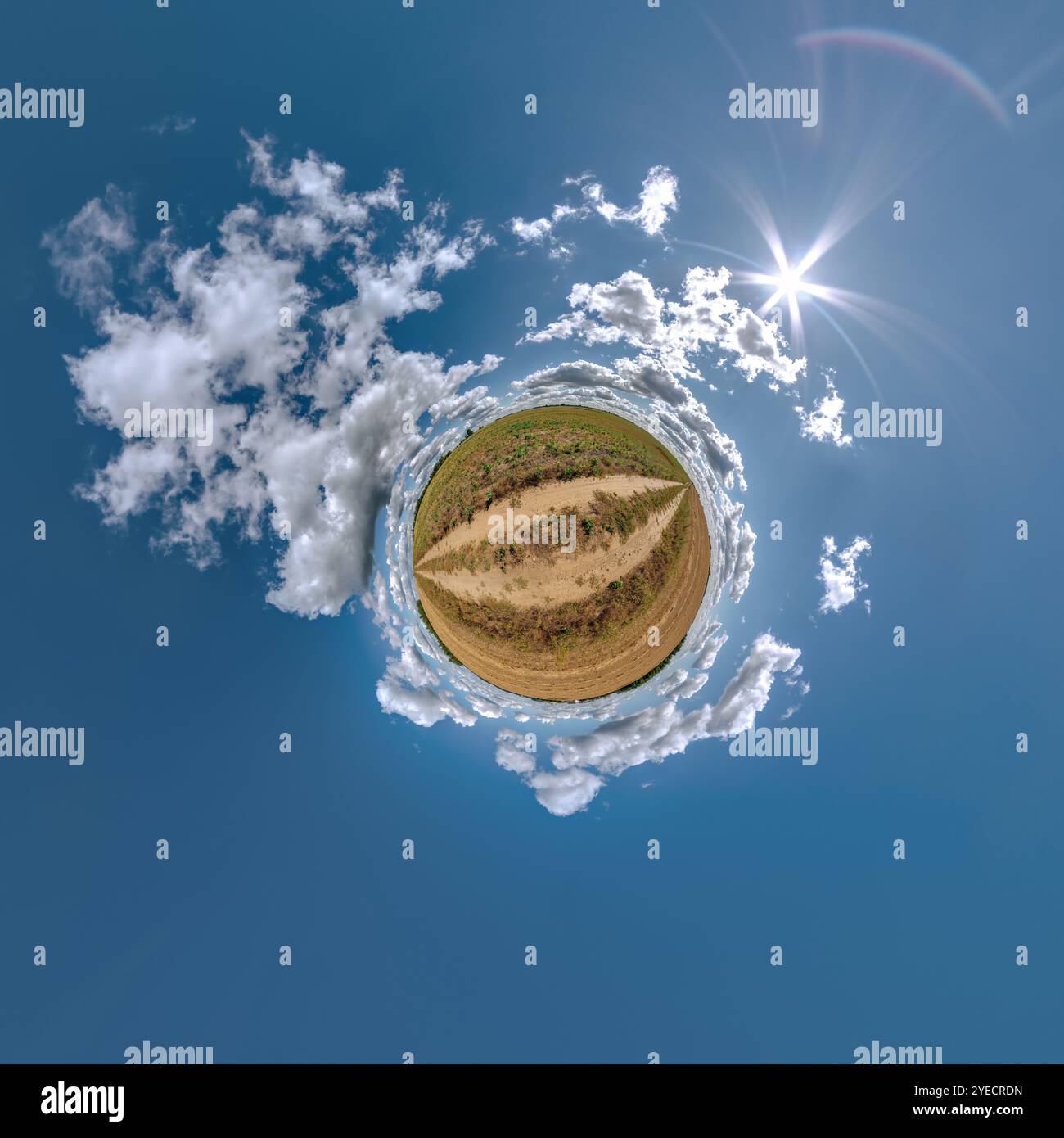 simple little tiny planet without buildings in blue sky with sun and ...
