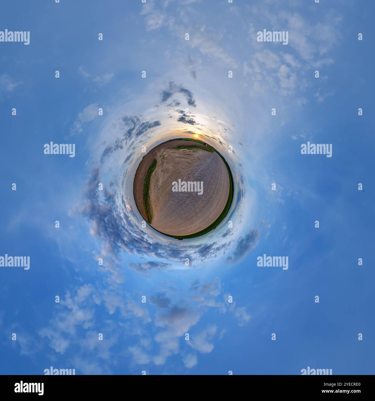 simple little tiny planet without buildings in blue sky with sun and ...