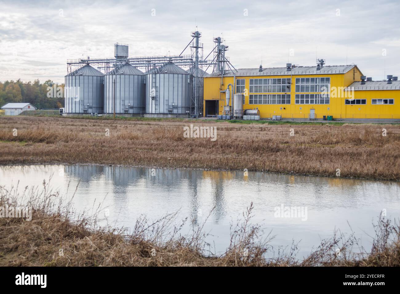 large grain elevator with multiple cylindrical metal silos, structural ...