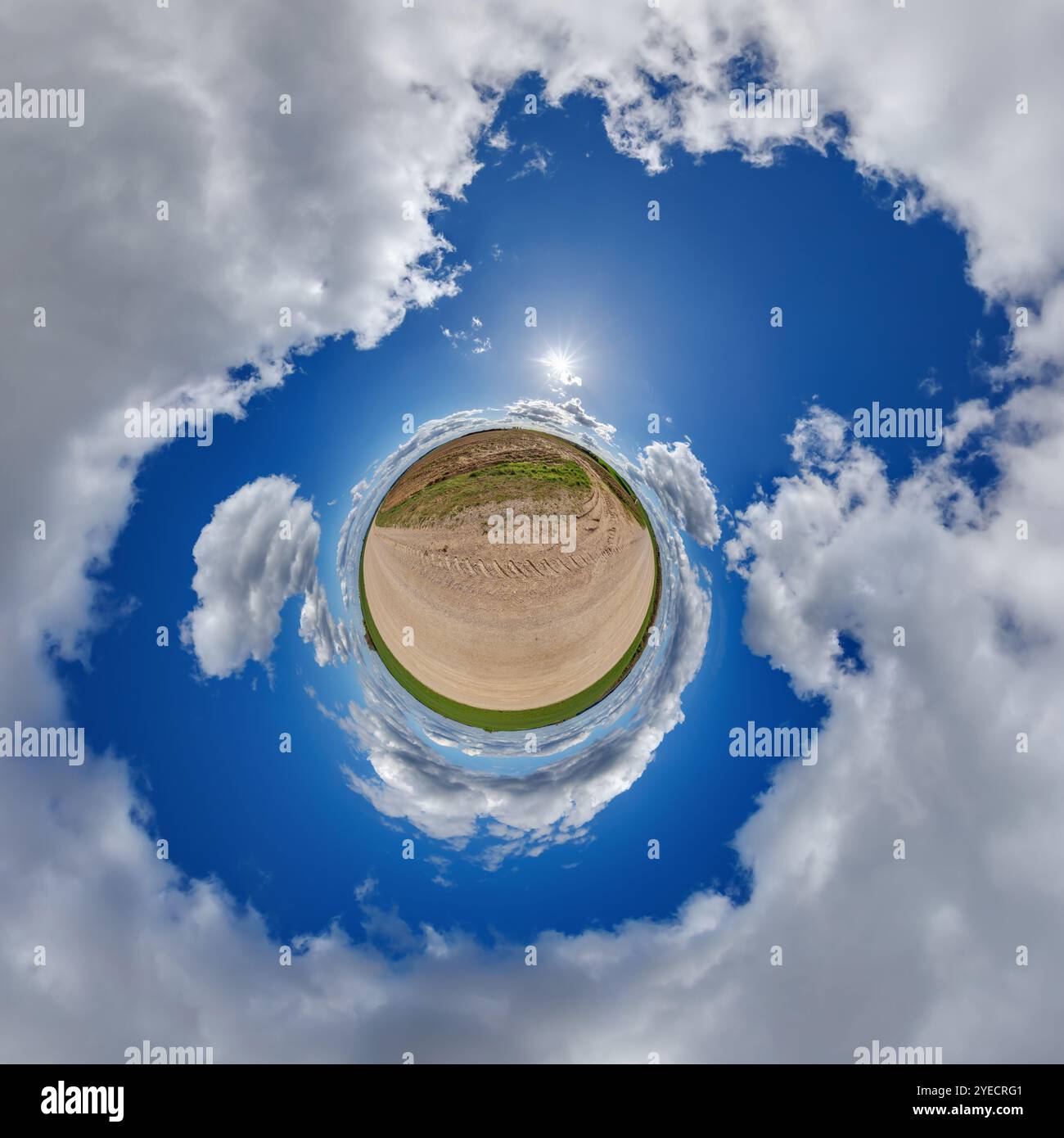 simple little tiny planet without buildings in blue sky with sun and ...