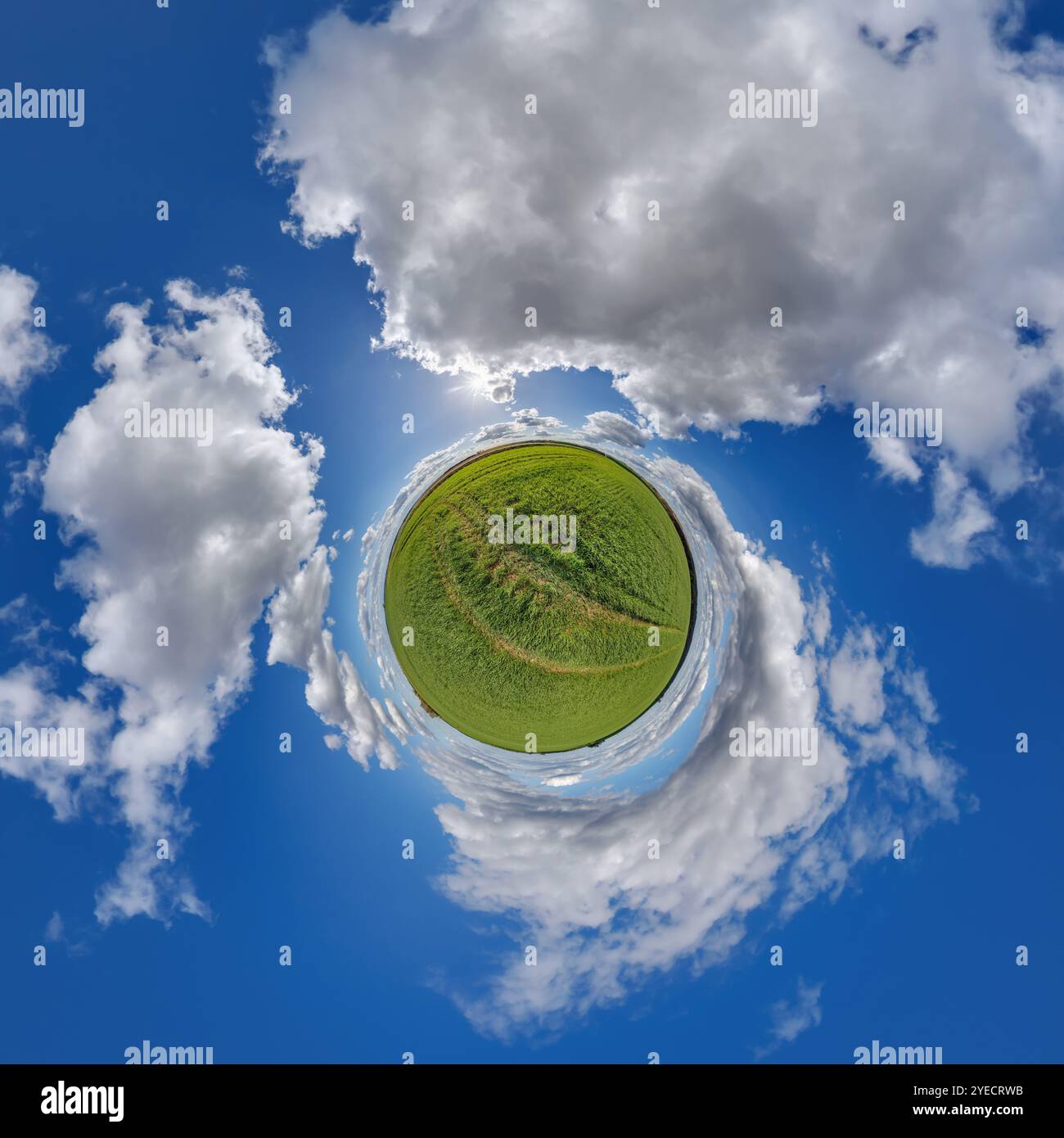 simple little tiny planet without buildings in blue sky with sun and ...