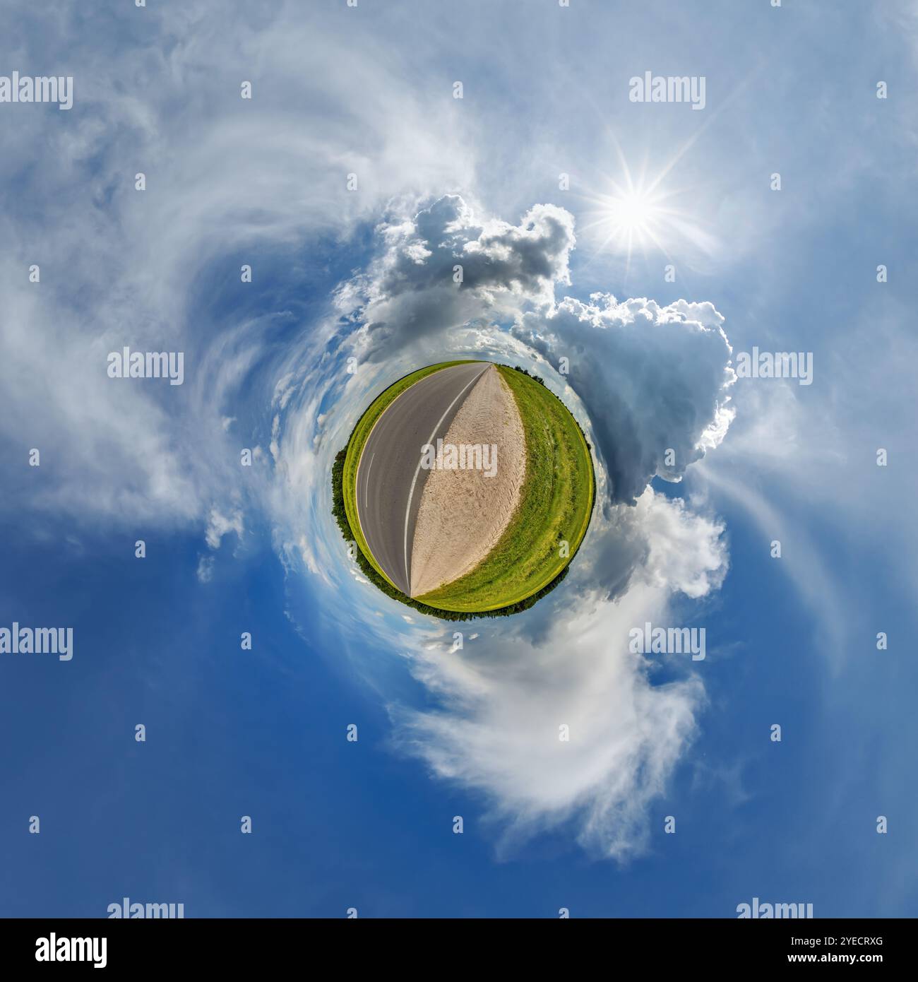 simple little tiny planet without buildings in blue sky with sun and ...