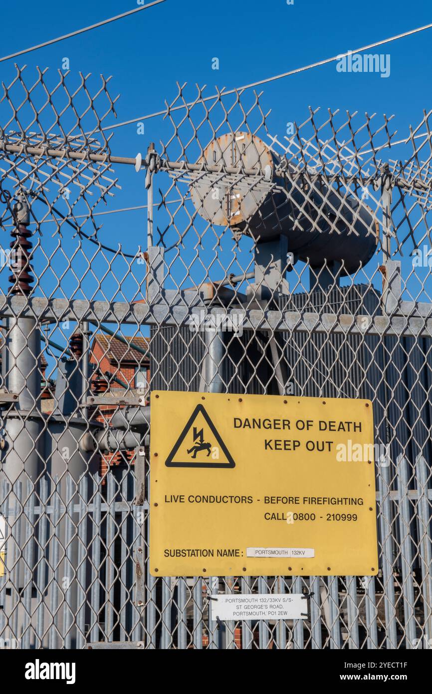 yellow warning sign for danger of death by electrocution at a high ...