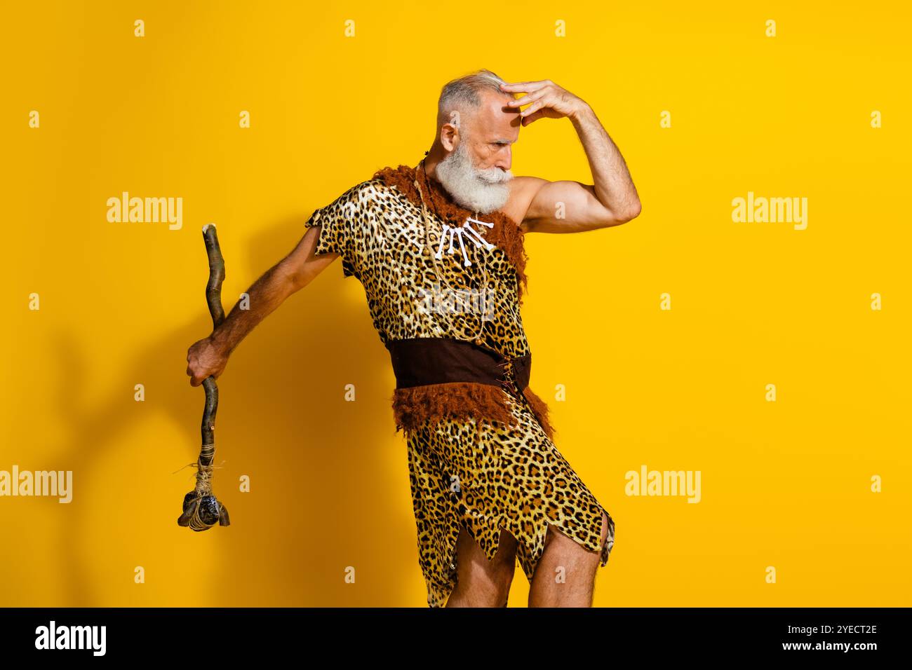 Profile side photo of stunning neanderthal man ancient god posing wear ...