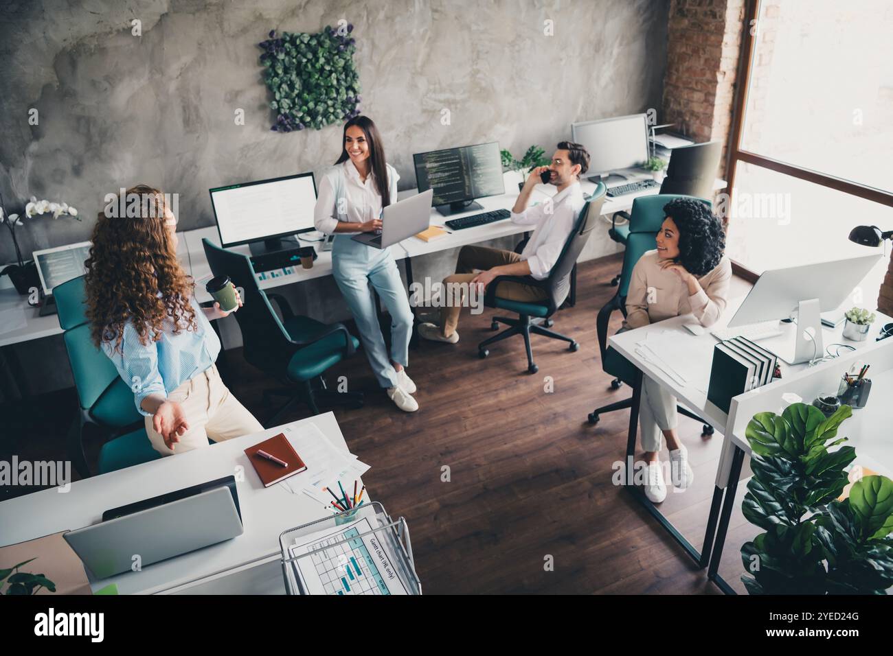 Photo of successful glad joyful attractive people office workers ...
