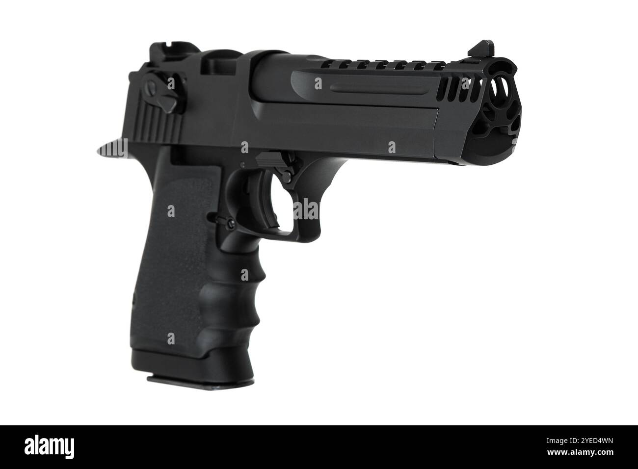 Powerful large caliber pistol. Silver pistol 50 caliber with black grip ...