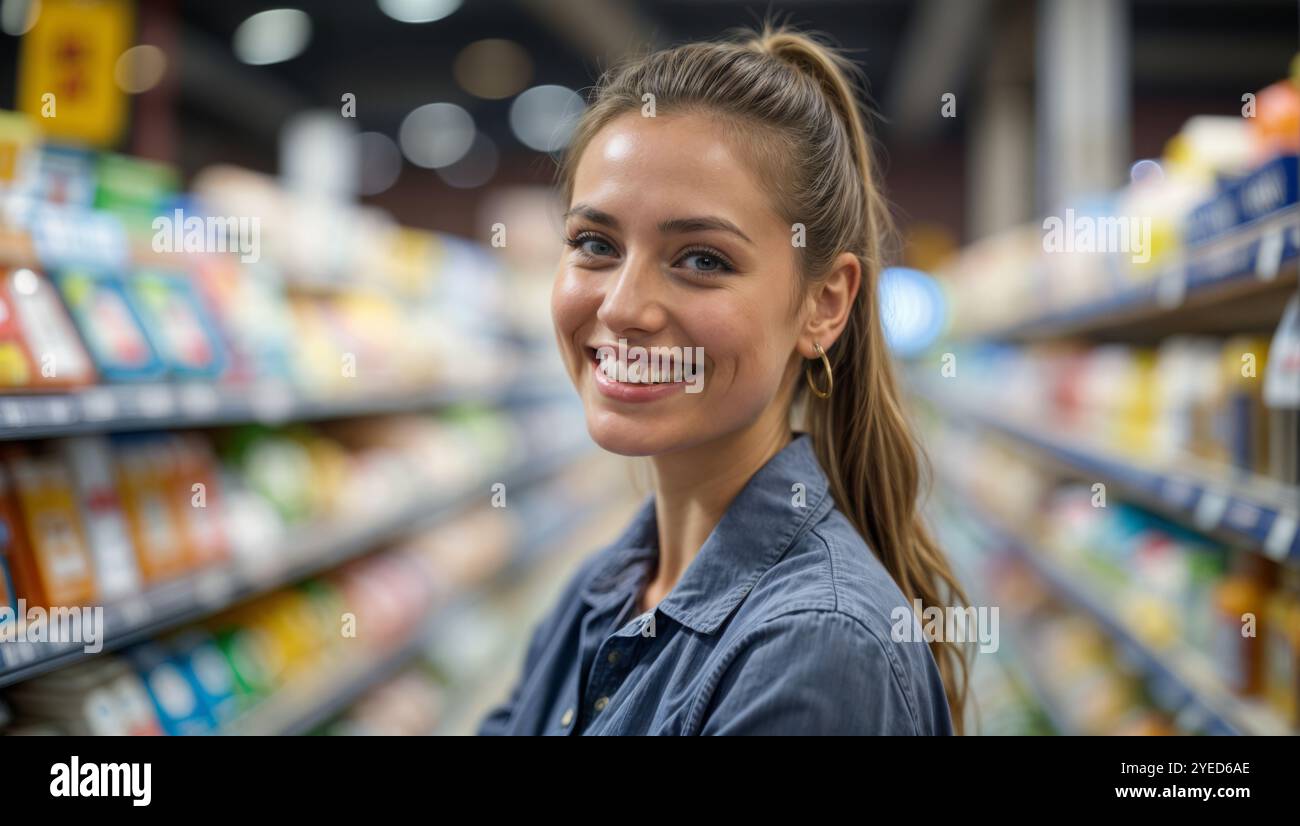 Confident female business owner of a supermarket standing between ...
