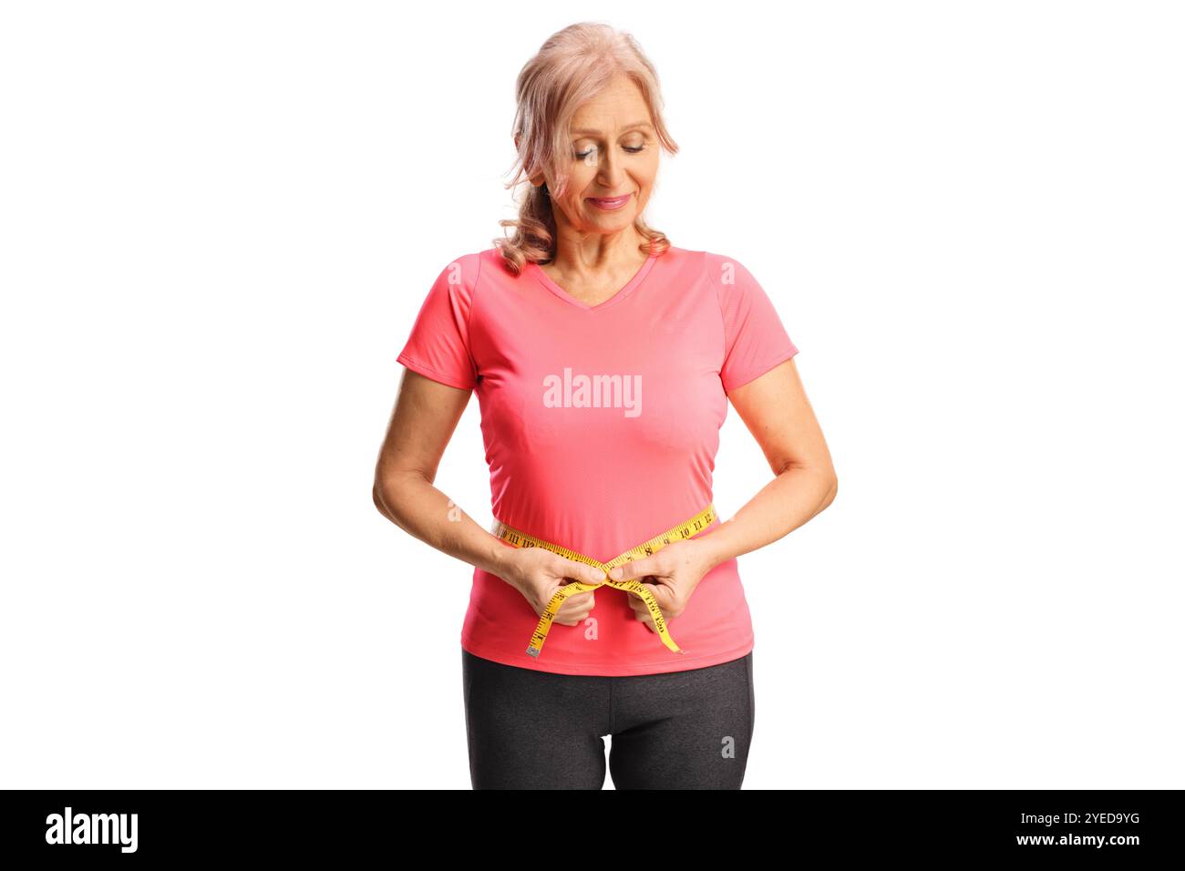 Mature woman with measuring tape around waist isolated on white ...