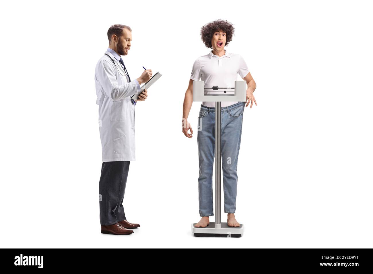 Doctor and a young man on a weight scale isolated on white background ...