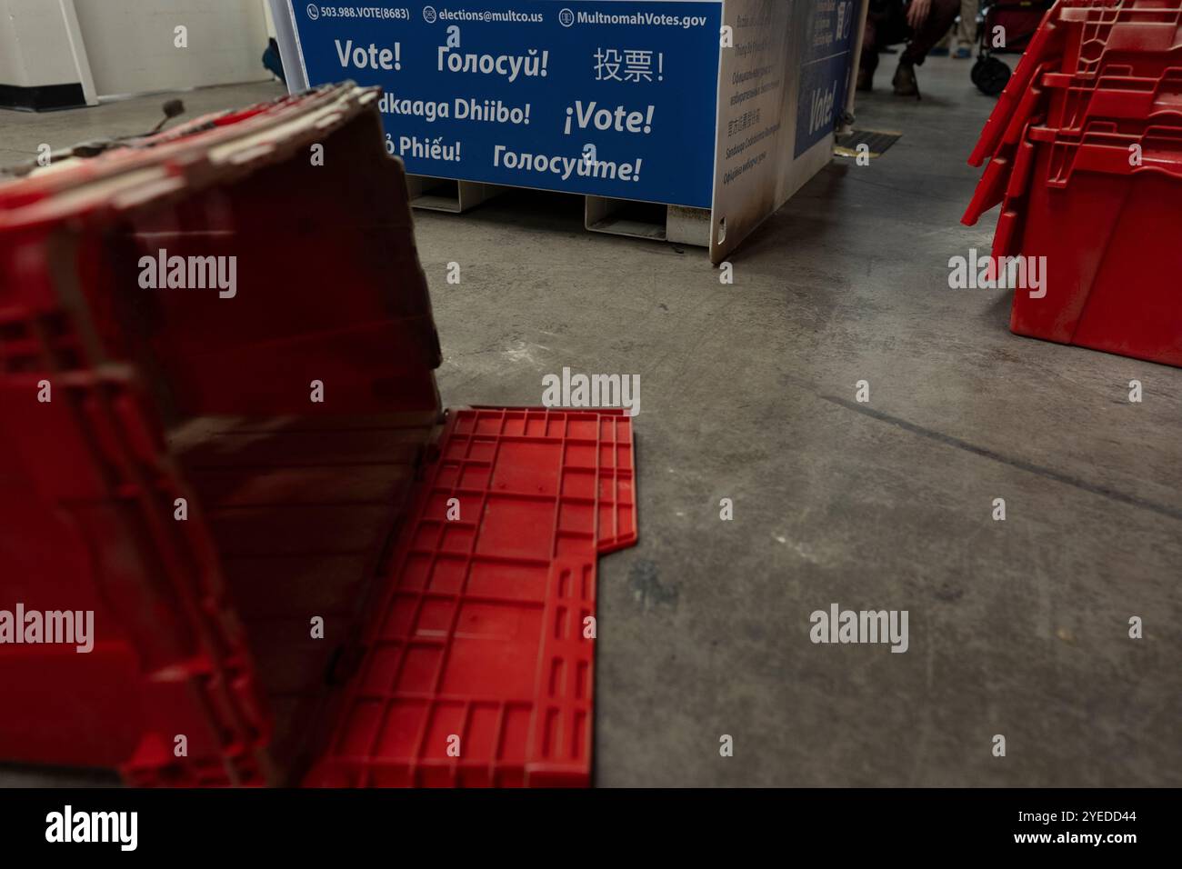 A damaged ballot drop box and bins that were inside at the time of the ...