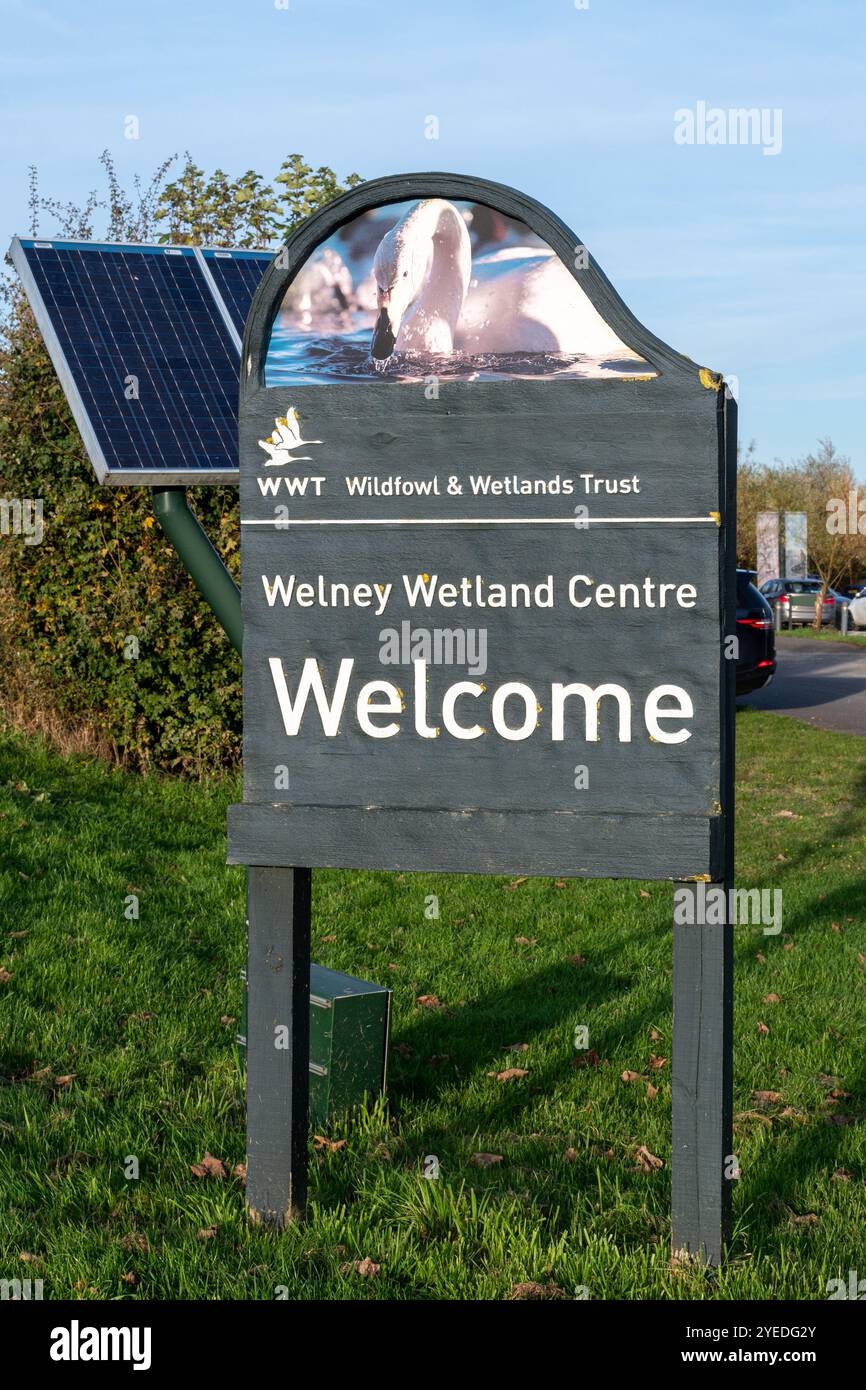 Welney Wetland Centre sign at the WWT Wildfowl and Wetlands Trust ...