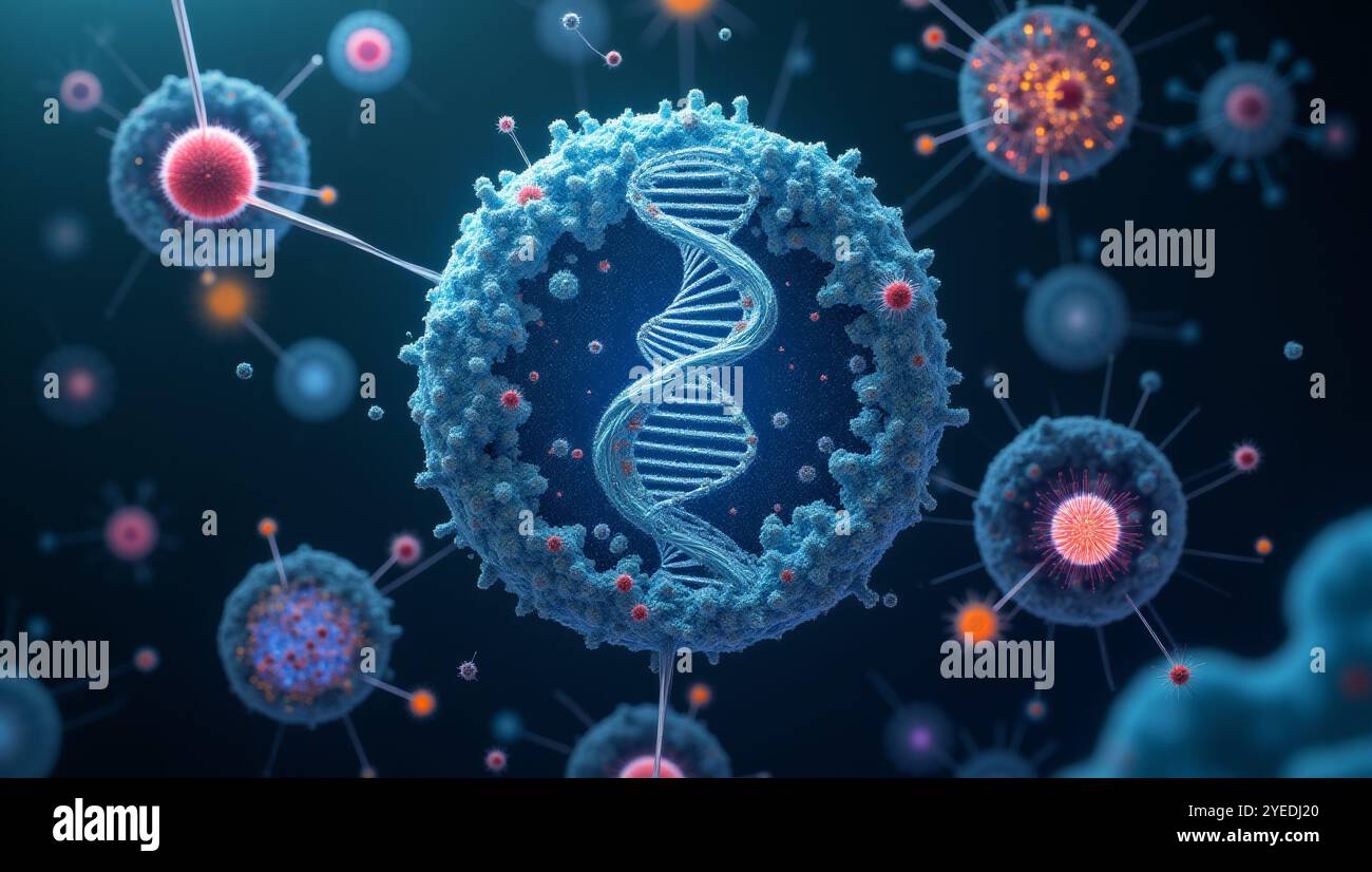 Blue chromosome DNA and gradually glowing flicker light matter chemical ...