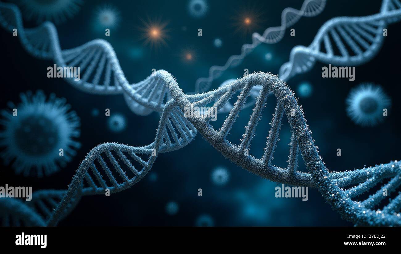 Blue chromosome DNA and gradually glowing flicker light matter chemical ...