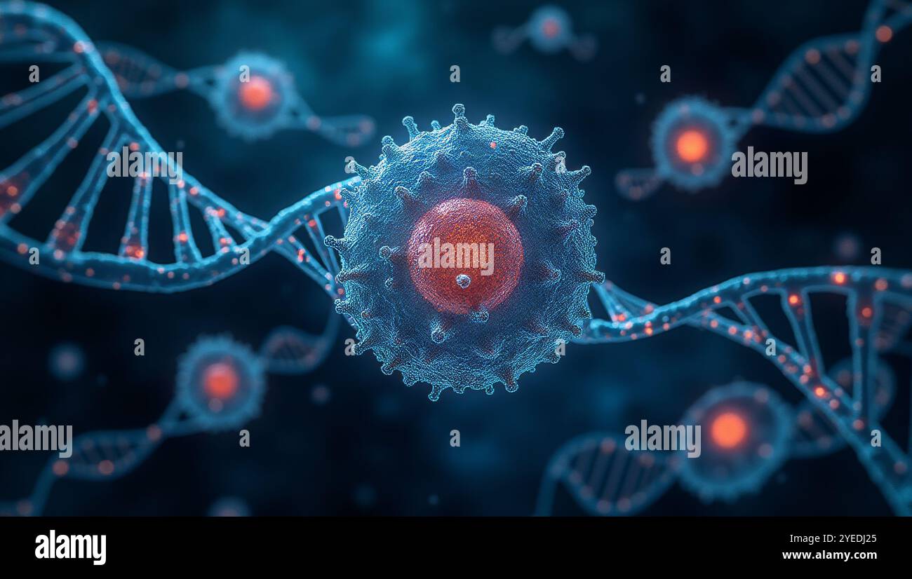 Blue chromosome DNA and gradually glowing flicker light matter chemical ...