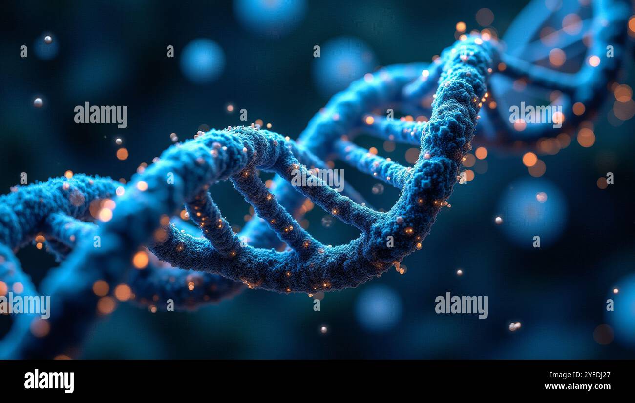 Blue chromosome DNA and gradually glowing flicker light matter chemical ...