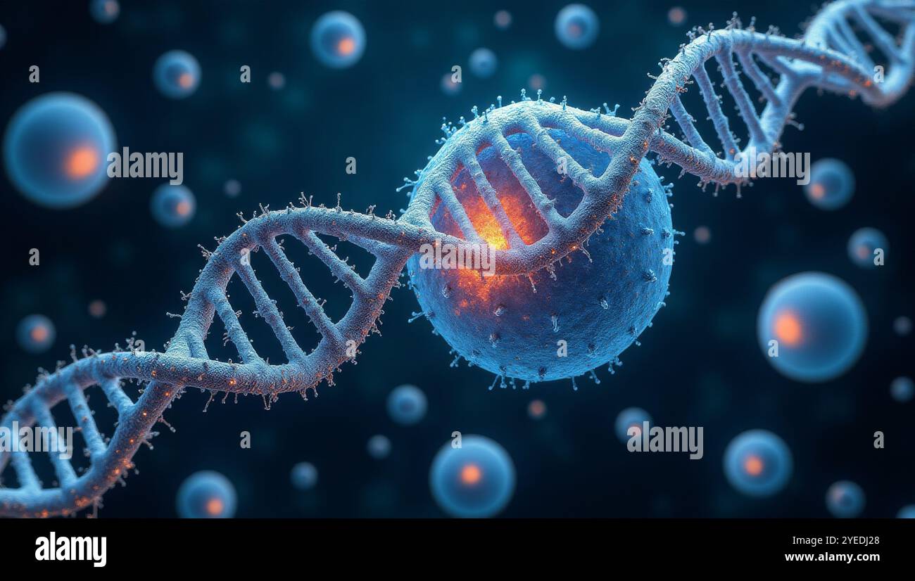 Blue chromosome DNA and gradually glowing flicker light matter chemical ...