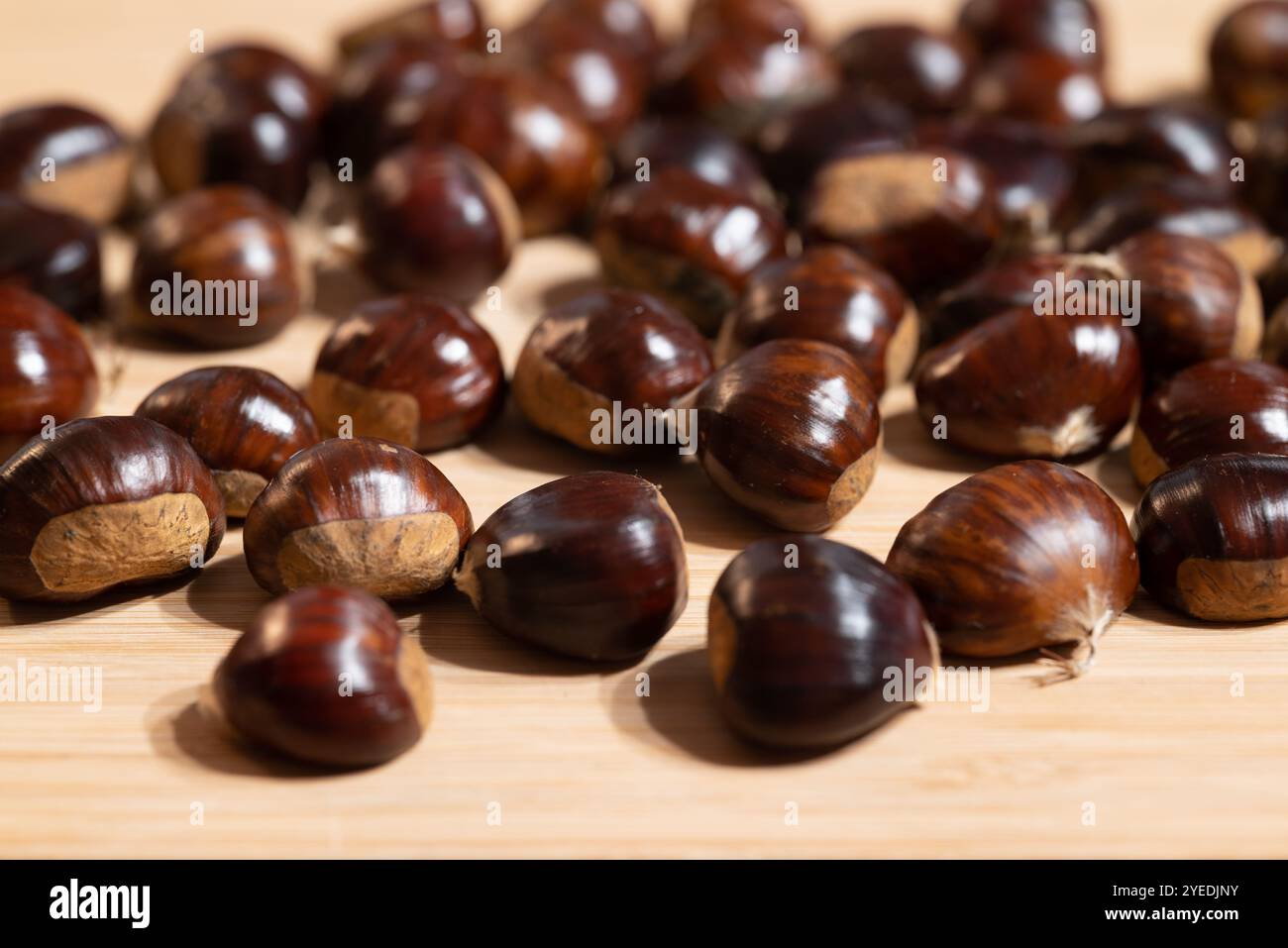 A detailed close-up image showcasing fresh raw chestnuts arranged on a ...