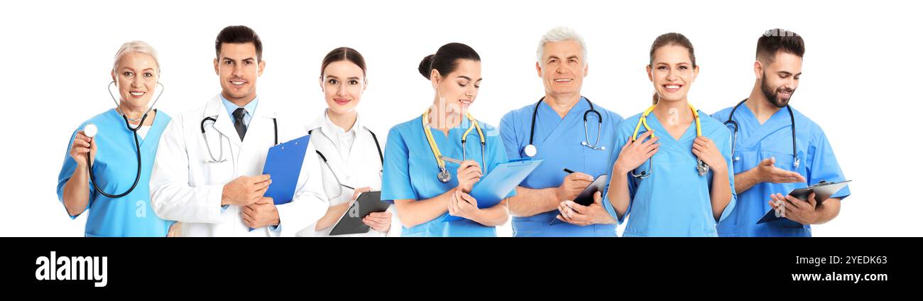 Different healthcare workers in uniforms on white background Stock ...