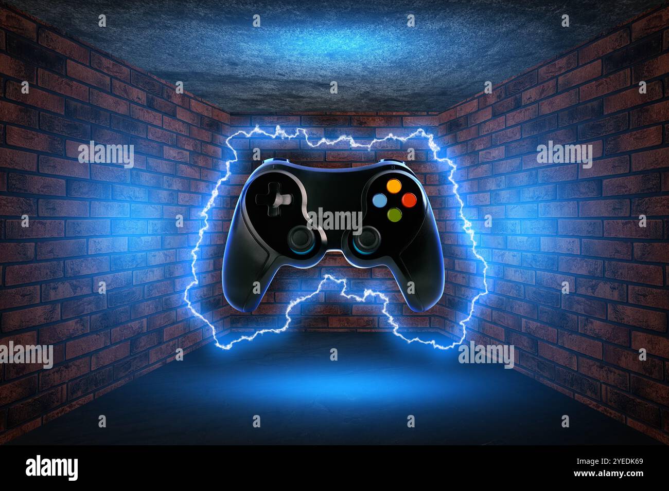 Video game controller in room with brick walls. Lightning around device ...