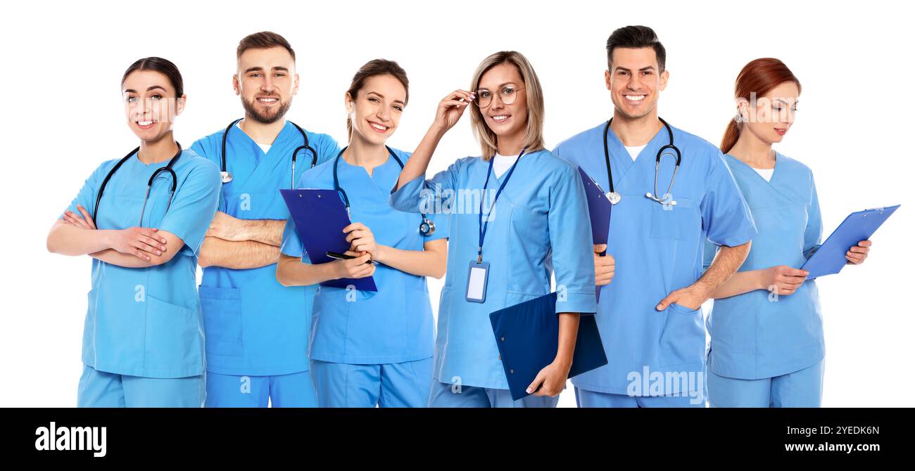Different healthcare workers in uniforms on white background Stock ...