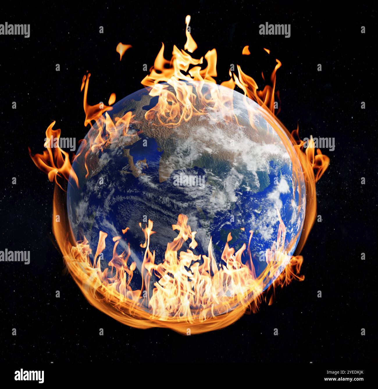 Planet Earth on fire against black background. Conceptual image for ...