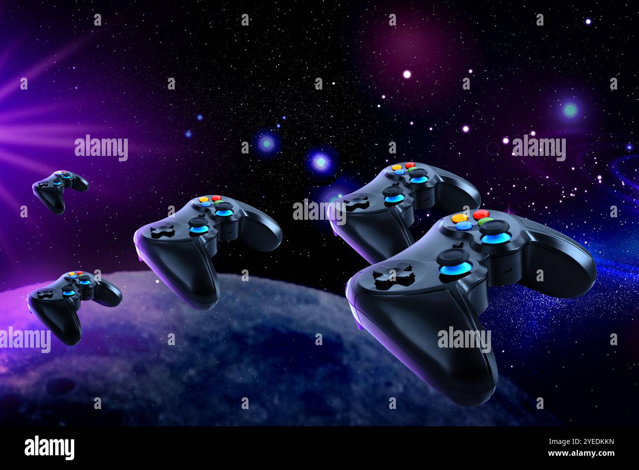 Video game controllers flying in cosmos. Playing space flight ...