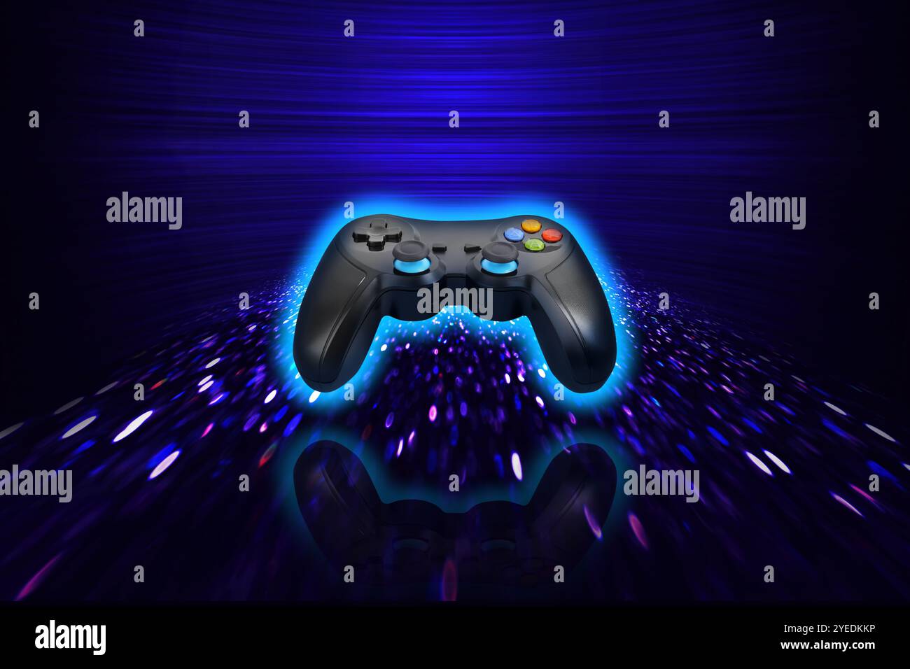 Glowing video game controller on dark blue gradient background with ...