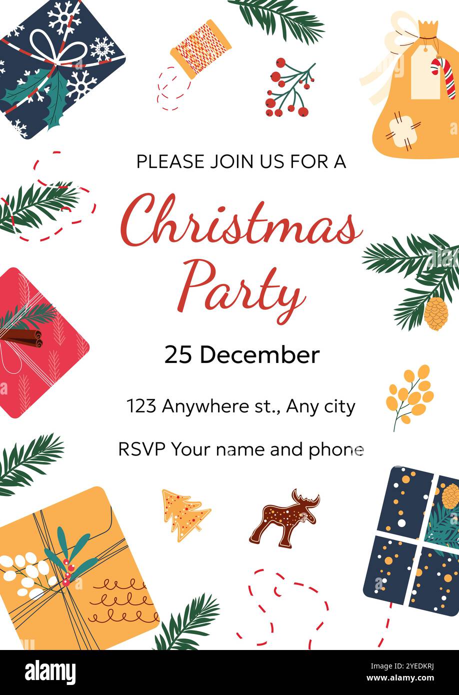 Hand drawn party invitation Christmas flyer. Design with gift boxes on ...