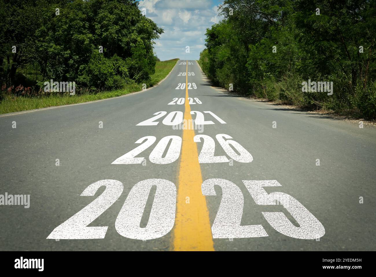 Asphalt road with 2025, 2026 and so on signs. Concept of new year ...