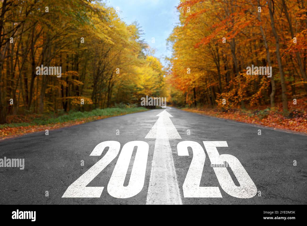 2025 and arrow on asphalt road. Concept of new year, fresh beginning ...